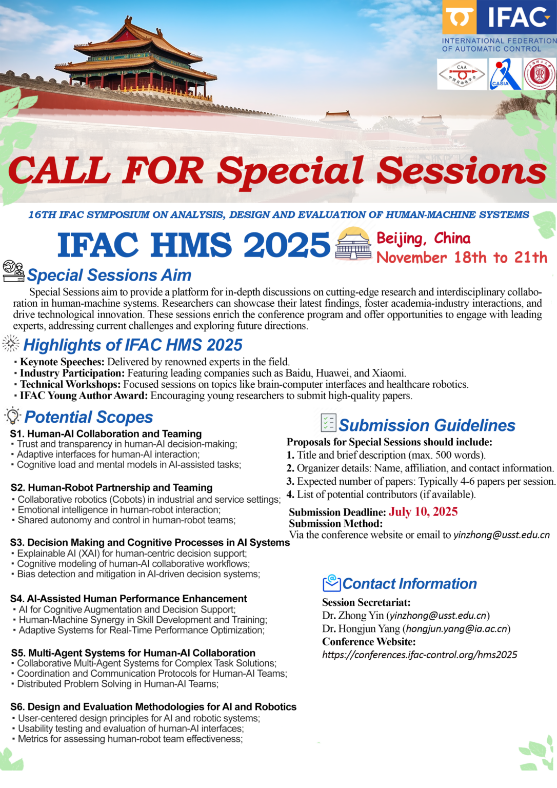 Call For Special Sessions - The 16th IFAC Symposium on Analysis, Design and Evaluation of Human ...